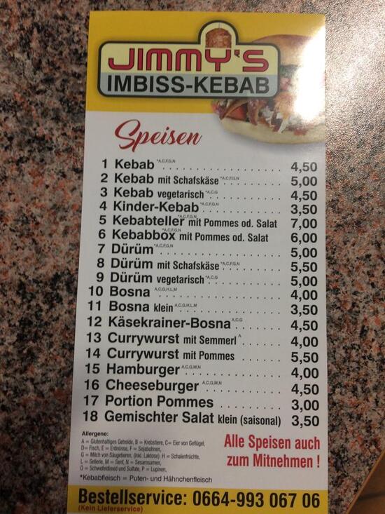 Menu at Jimmy's Imbiss-Kebab, Mondsee