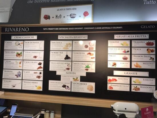 Menu at Rivareno Gelato restaurant, Florence