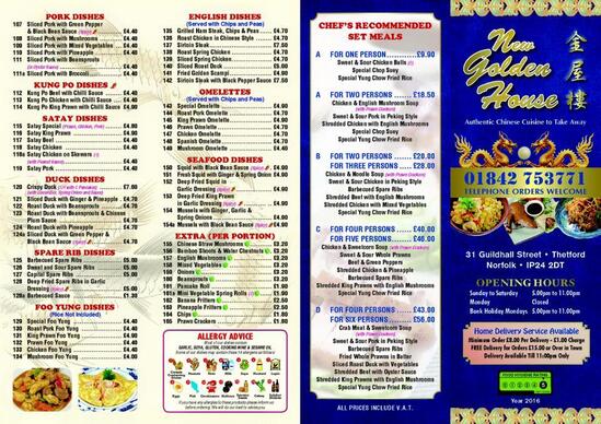 Carta de comida rápida New Golden House, Thetford