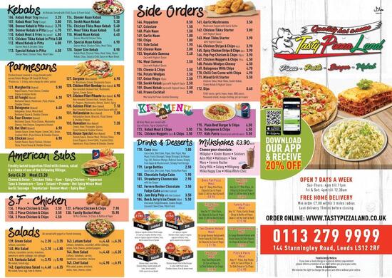 Menu at TastyPizzaLand restaurant, Leeds