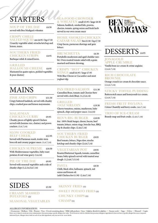 Menu at Ben Madigans Bar & Kitchen, Belfast