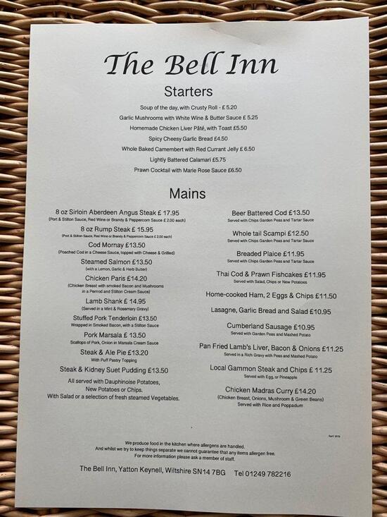 Menu at The Bell Inn pub & bar, Yatton Keynell, High Street