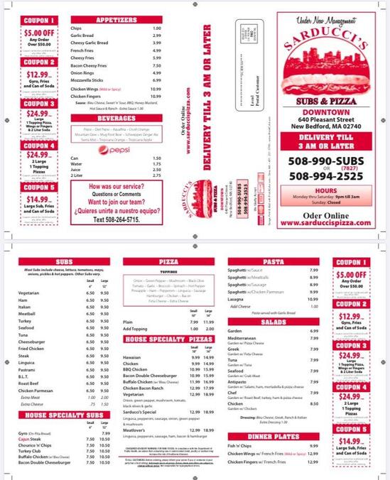 Menu at Sarducci's Subs & Pizza pizzeria, New Bedford