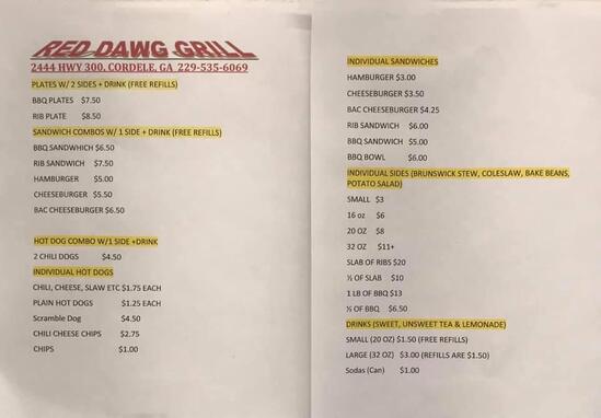 Menu at Red Dawg Grill restaurant, Warwick, 103 GA-300