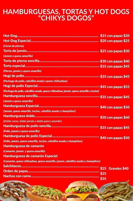 Menu at Chikys DOGOS restaurant, Mazatlán