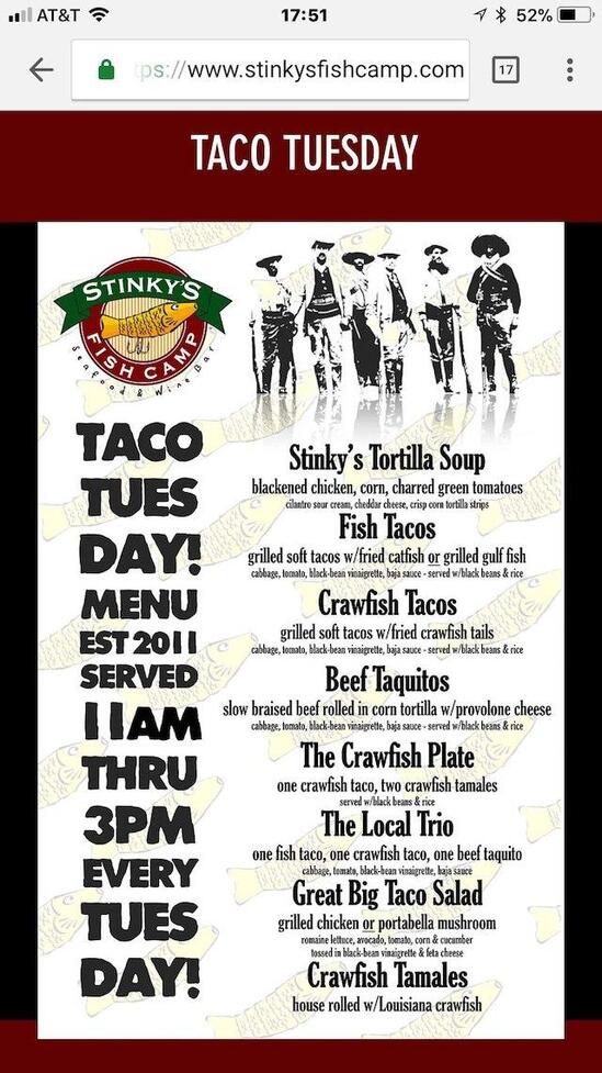 Menu at Stinky's Fish Camp pub & bar, USA, W County Hwy 30A