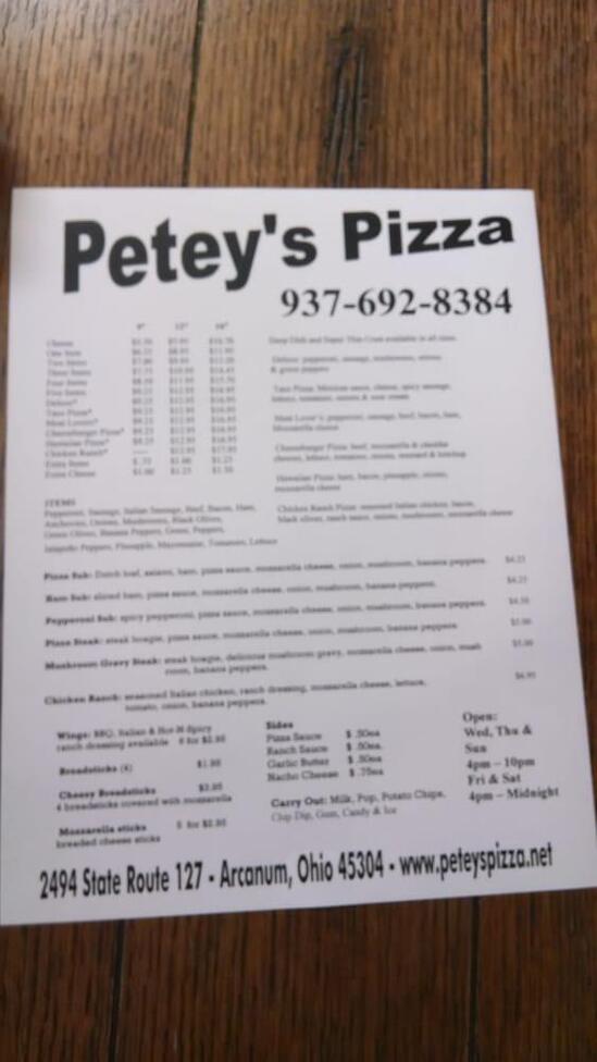 Menu at Petey's Pizza & Carry Out pizzeria, USA