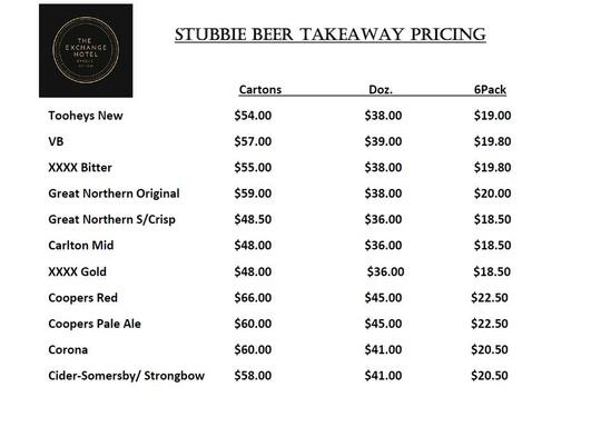 Carta del pub y bar The Exchange Hotel, Kyogle