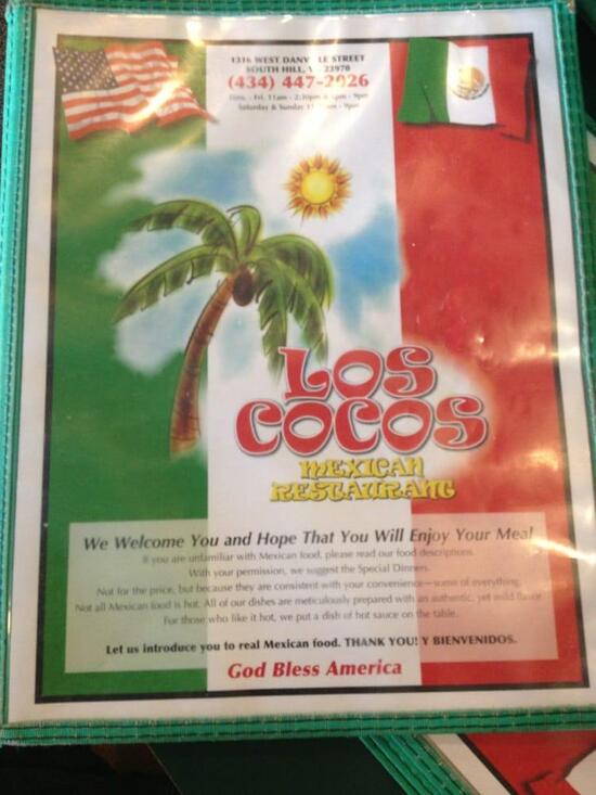 Menu at Los Cocos restaurant, South Hill