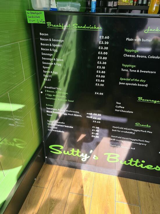 Menu at Sutty's Butties, Dewsbury