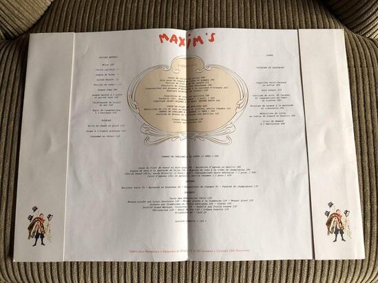 Menu at Maxim's de Paris restaurant, Paris, 3 Rue Royale