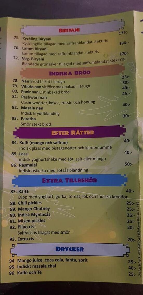 Menu at Indian Paradise restaurant, Sweden