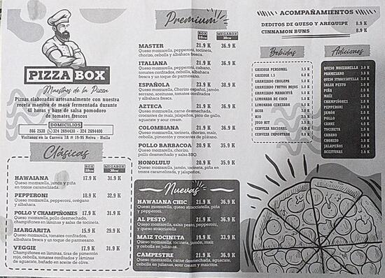 Menu at Pizza Box restaurant, Neiva