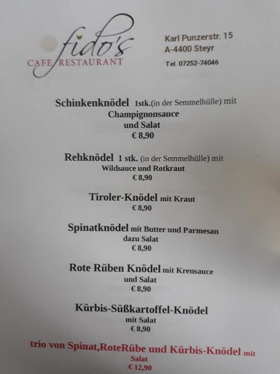 Menu at Fido's restaurant, Steyr