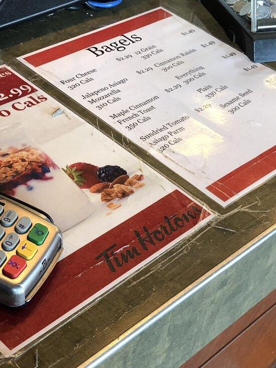 Menu at Tim Hortons restaurant, Waterloo, 200 University Ave W