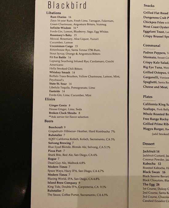 Menu at Blackbird pub & bar, Santa Barbara