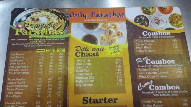Menu at Only Parathas, Bengaluru, XPHH+FGF