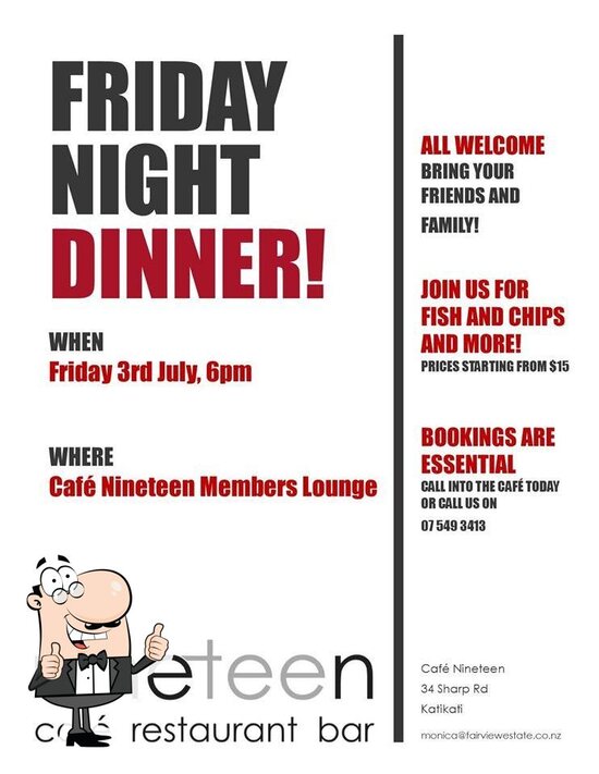 Menu at Cafe Nineteen, Katikati