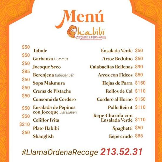 Menu at Habibi Restaurante, Santiago de Querétaro