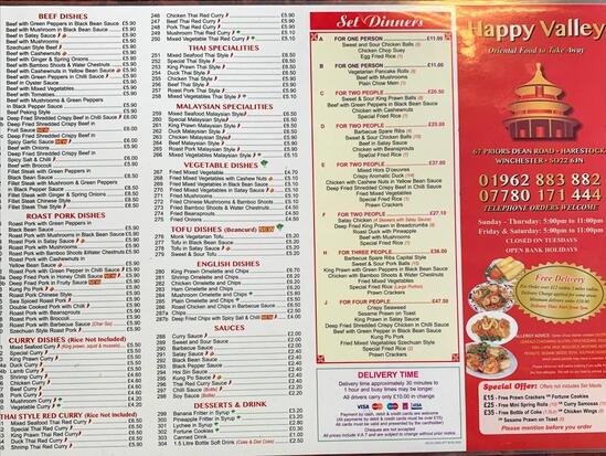 Menu at Happy Valley fast food, Winchester