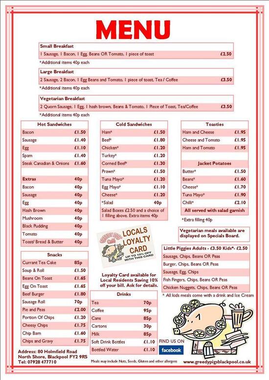 Menu at Greedy Pigs Cafe, Blackpool