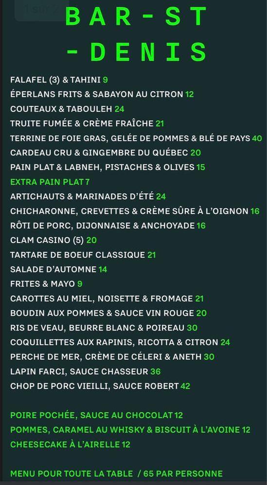 Menu at BAR ST-DENIS, Montréal