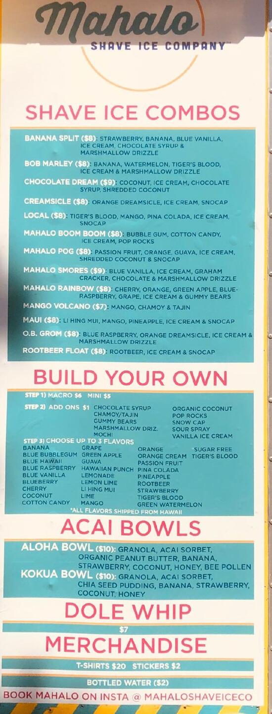 Menu at Mahalo Shave Ice Co restaurant, San Diego