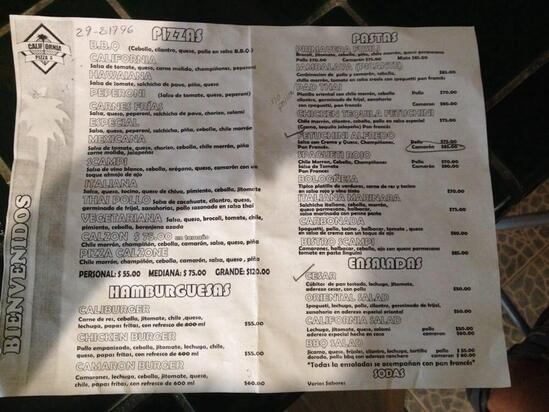 Menu at Pizza California restaurant, Bucerías, Estaciones 9