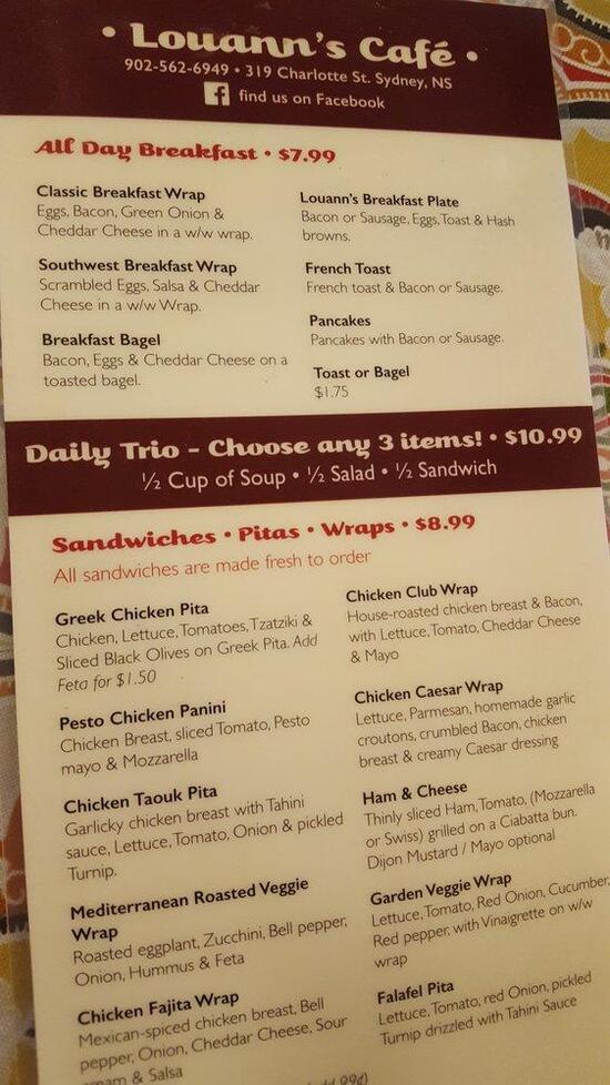 Menu at Louann's Café, Sydney