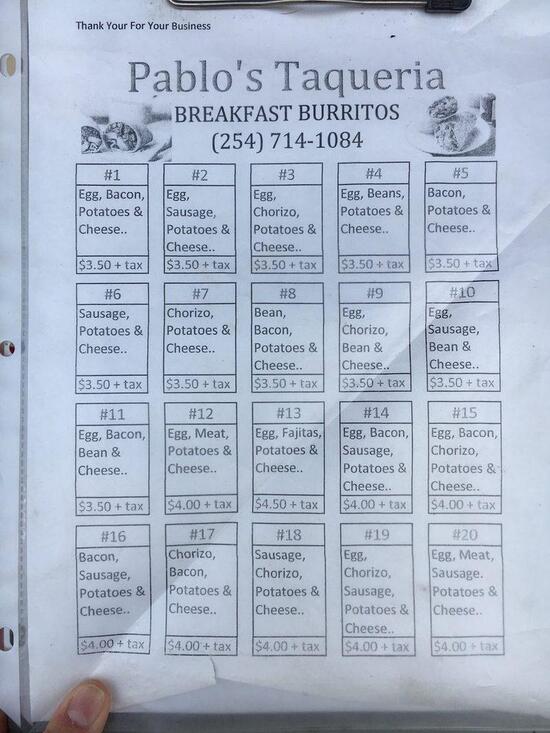 Menu at Pablo's Taqueria restaurant, Waco