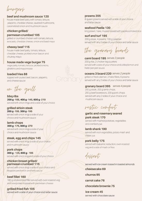 Menu at The Granary restaurant, South Africa