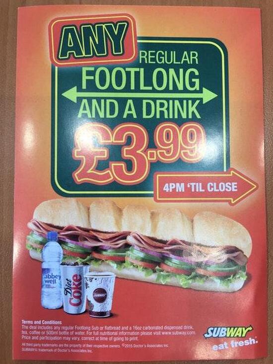 Menu at Subway restaurant, Leeds, 5A Low Rd