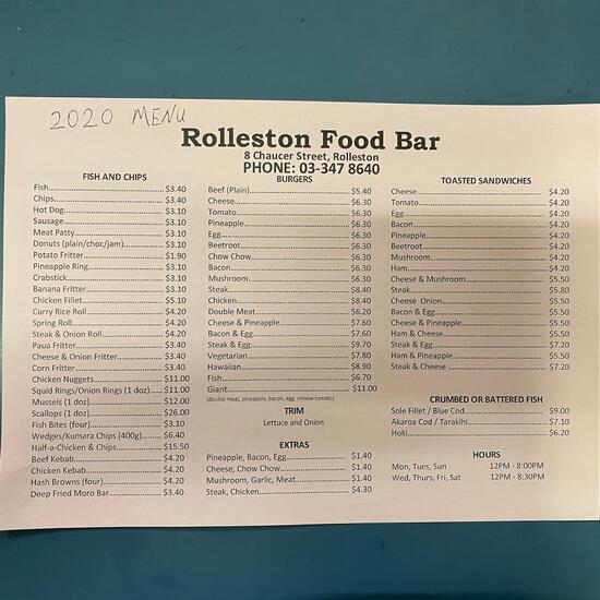 Menu at Rolleston Food Bar, Rolleston