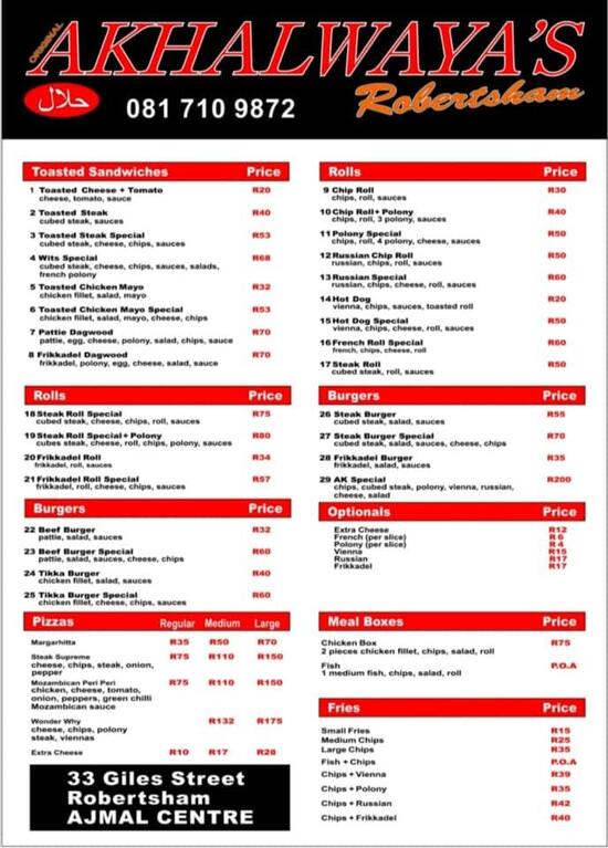 Carta del restaurante Akhalwaya's! Robertsham, Johannesburgo, 33 Giles St