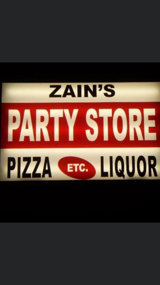 Menu at Zain's Party Store pizzeria, USA