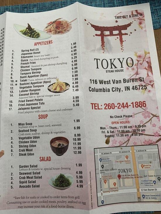 Menu at Tokyo Restaurant, Columbia City