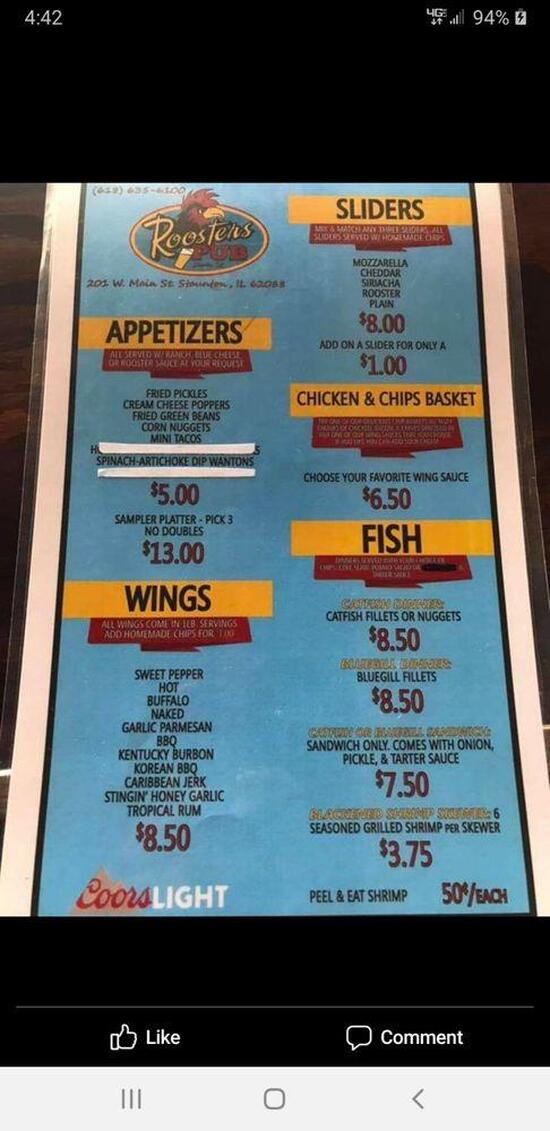 Menu at Rooster's Pub, Staunton