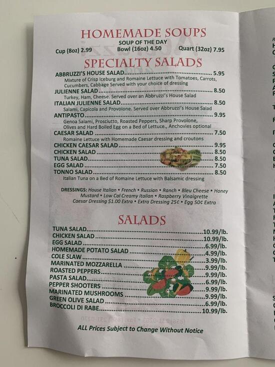 Menu at Abbruzzi & Giunta’s Italian Market restaurant, Mount Laurel