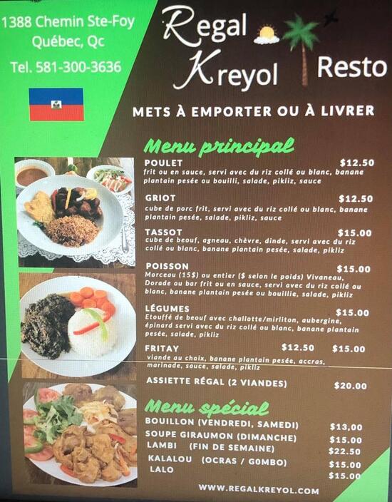 Menu at Regal Kreyol Resto restaurant, Québec City