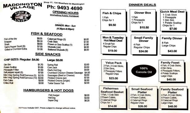 Menu at Maddington Village Fish & Chips restaurant, Maddington