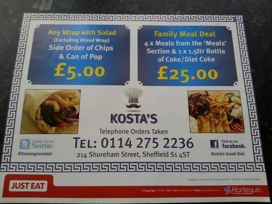 Menu at Kosta's Greek Deli restaurant, Sheffield