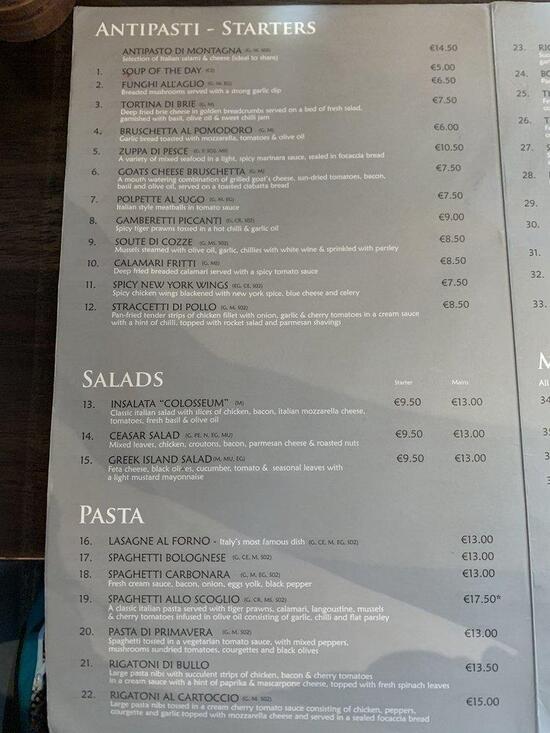 Menu at Il Colosseo restaurant, Athlone
