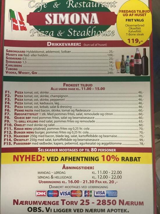 Menu at Simona Pizzeria & Café, Nærum