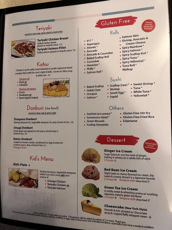 Menu at Sushi-Cho Restaurant, Tucson