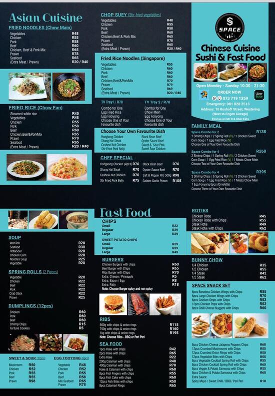 Menu at SPACE pub & bar, South Africa