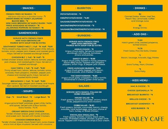Menu at The Valley Cafe, Roswell