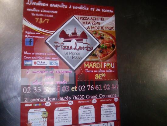 Menu at Pizzaland pizzeria, Grand-Couronne