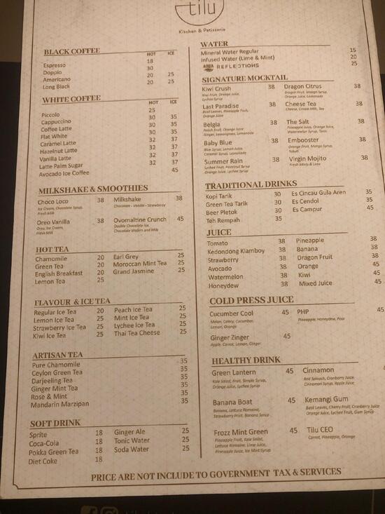 Menu at Tilu Kitchen and Patisserie restaurant, Bandung