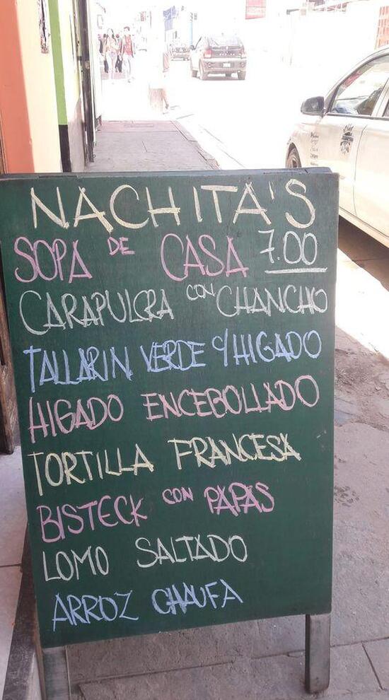 Menu at Nachita's restaurant, Huancayo