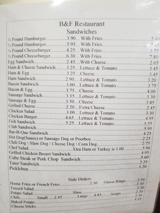 Menu at B & F Diner fast food, Baxley